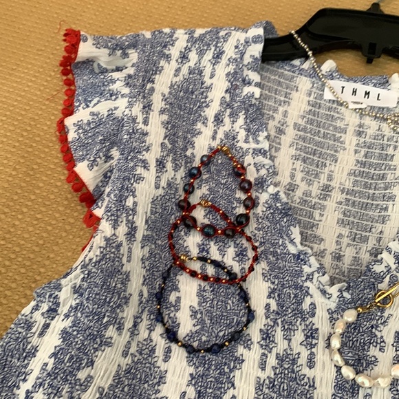 THML | Tops | Thml Red White And Blue Smocked Top Wirh Red Pompon Trim ...